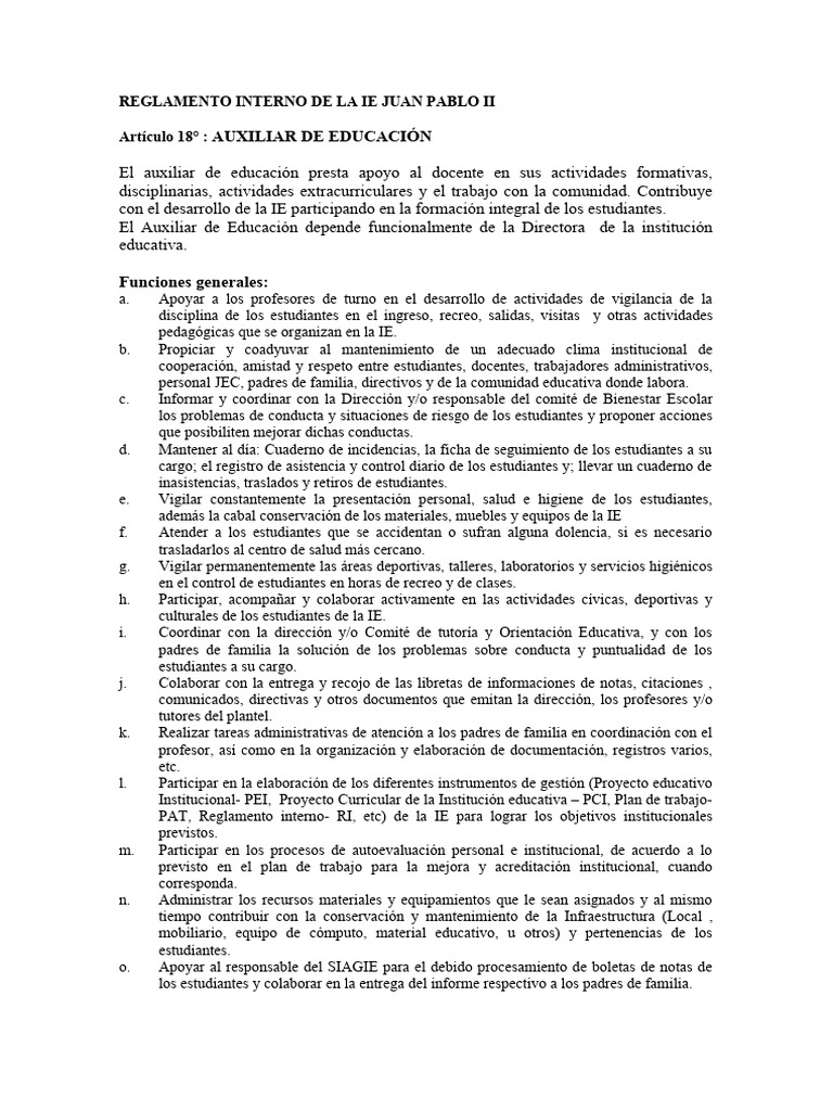 Funciones Auxiliar de Educacion REGLAMENTO INTERNO DE LA IE JUAN PABLO II | PDF | Maestros