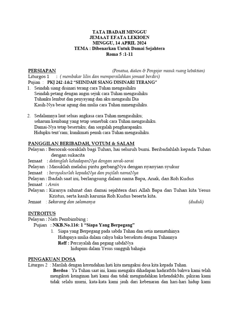 Liturgi Kebaktian Minggu 14 April 2024 | PDF Liturgi Kebaktian Minggu 14 April 2024 | PDF