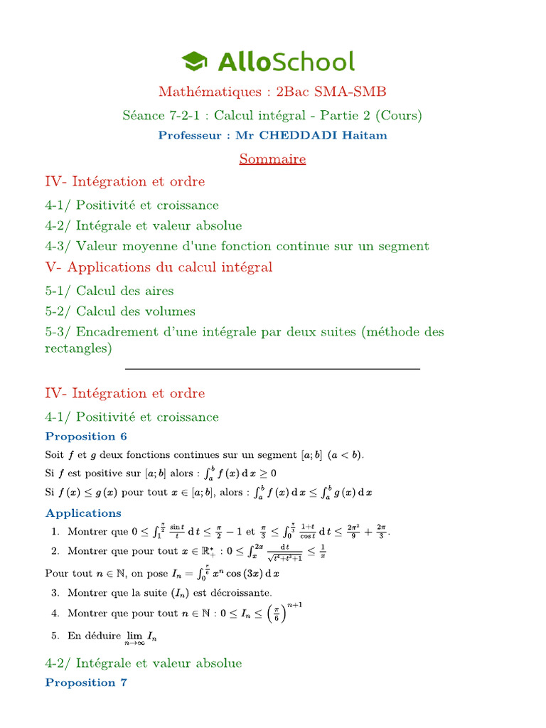 Seance 7 2 1 Calcul Integral Partie 2 Cours 1 | PDF