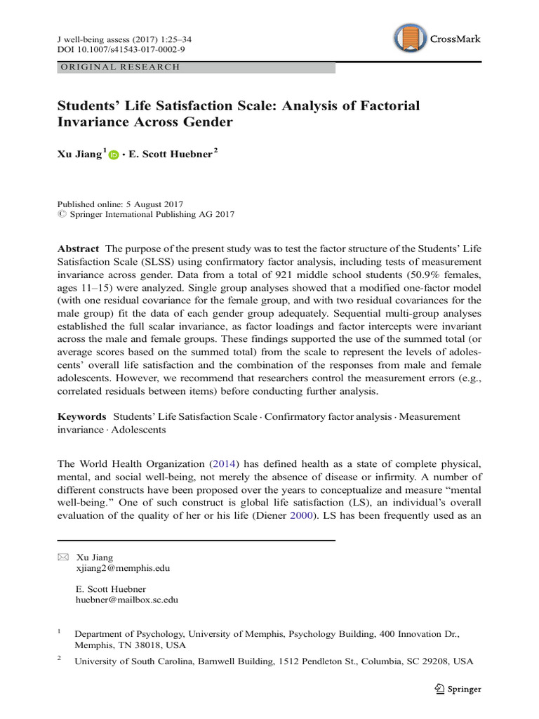2017 Students' Life Satisfaction Scale Analysis of Factorial Invariance Across Gender | PDF ...