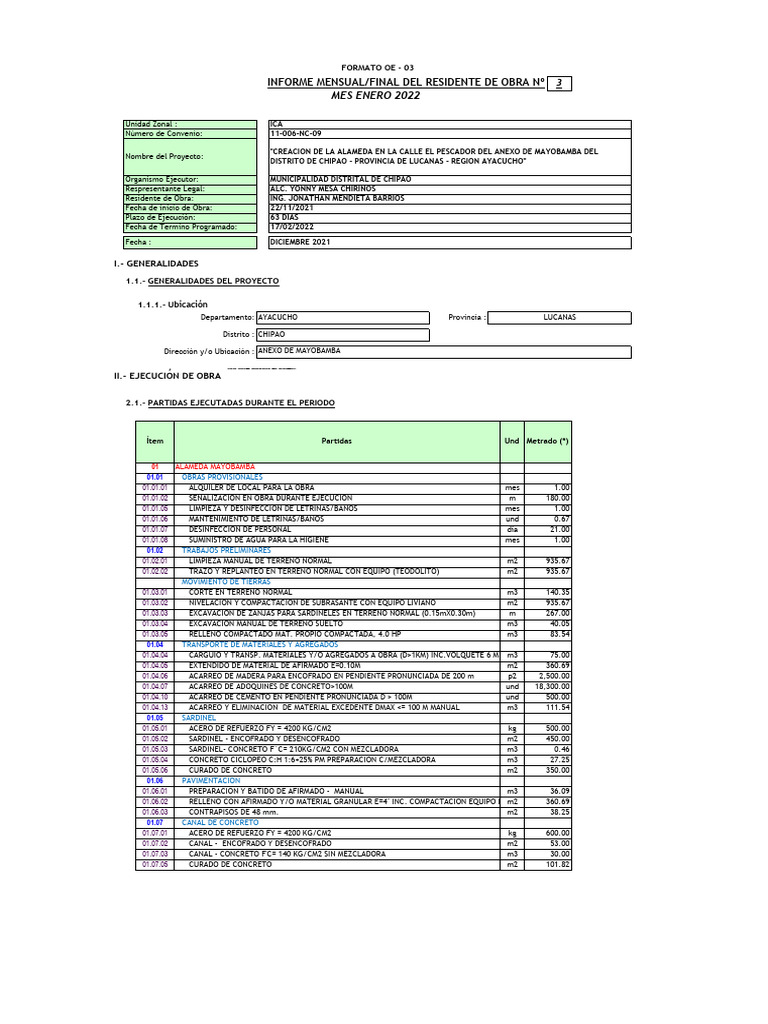 Informe Mensual de Obra en Chipao | PDF