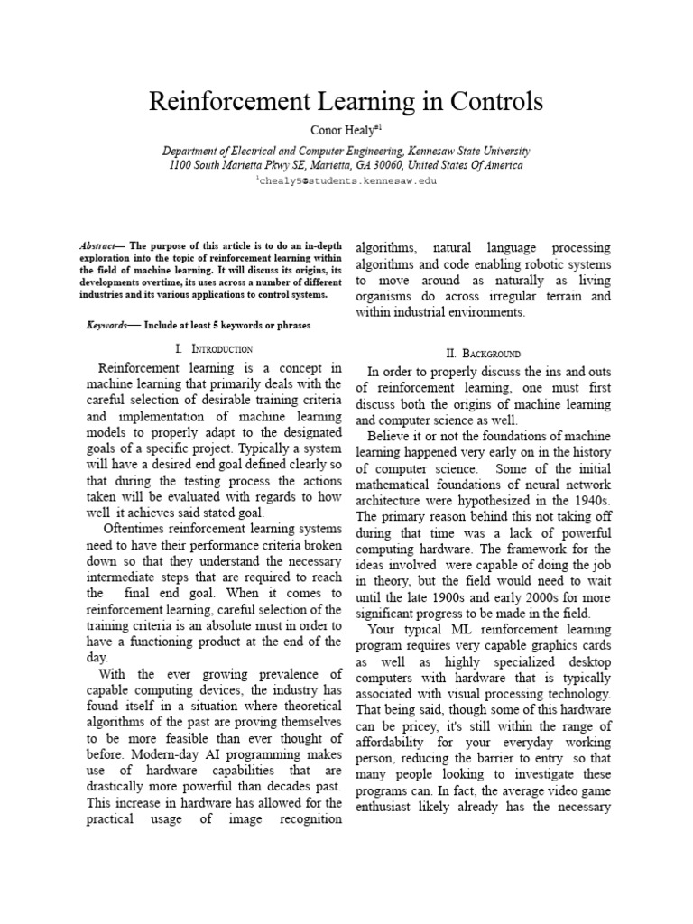 Reinforcement Learning in Controls - Conor Healy | PDF | Machine Learning | Artificial Intelligence