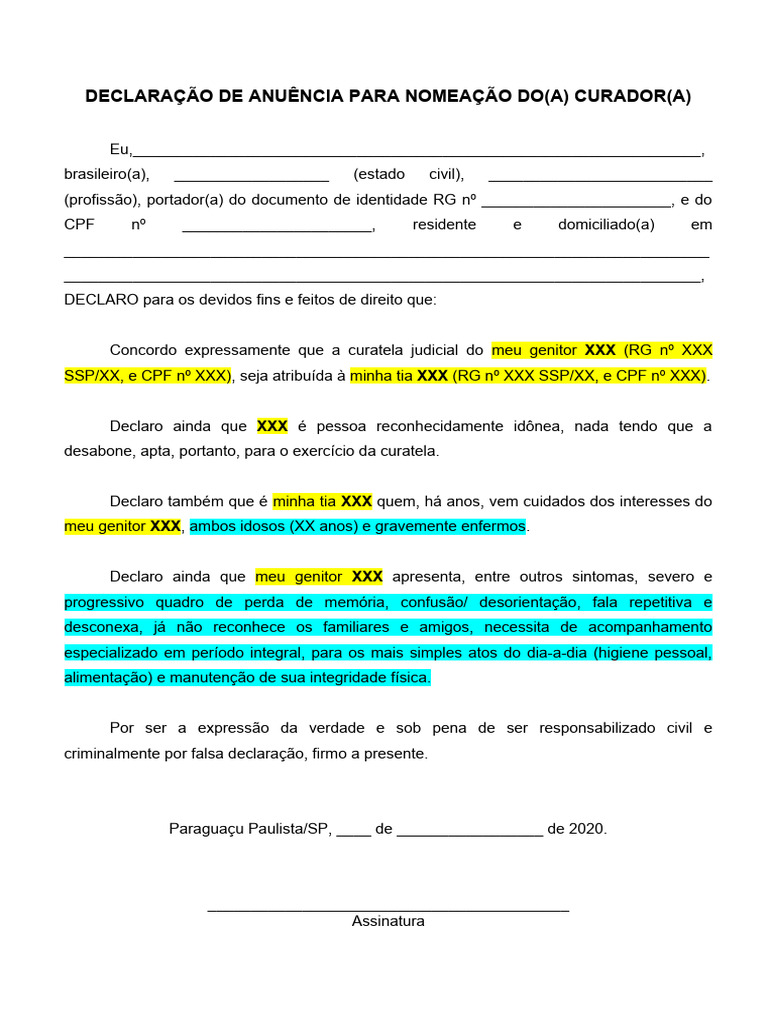 Declaração de Anuência Curatela - Modelo | PDF