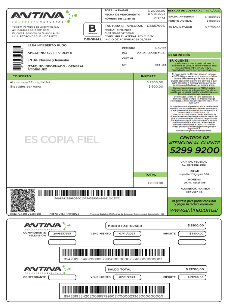 Factura Telcom Ventures Noviembre 2023 | PDF
