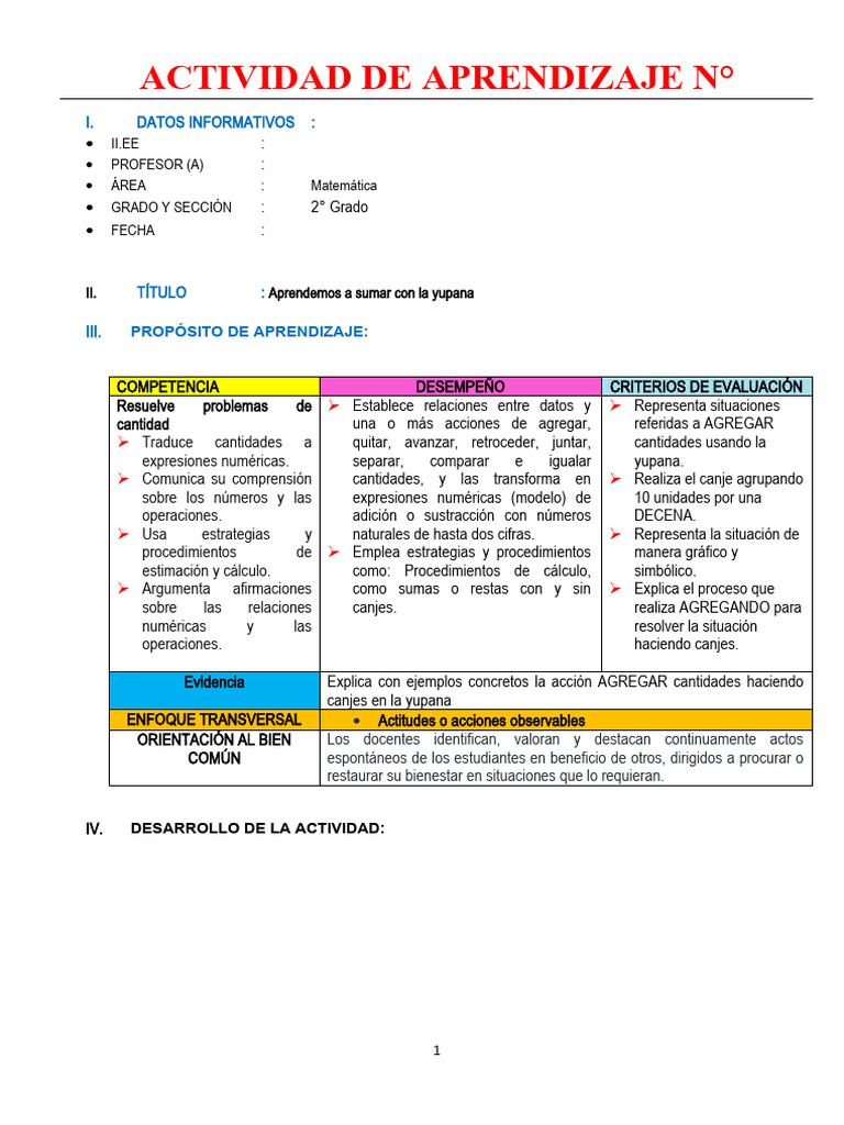 Sesion Aprendemos A Sumar Con La Yupana | PDF | Evaluación | Aprendizaje