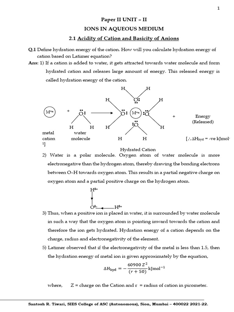 Paper II Unit II Chemistry Ions in Aqueo | PDF | Hydroxide | Ion