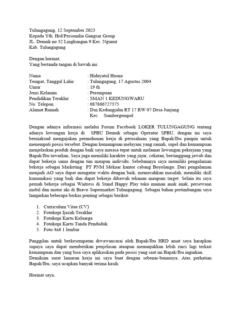 Surat Lamaran Spbu/surat Melamar Operator SPBU | PDF