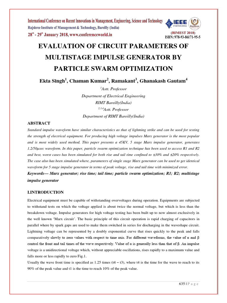 Evaluation of Circuit Parameters of Multistage Impulse Generator by Particle Swarm Optimization ...