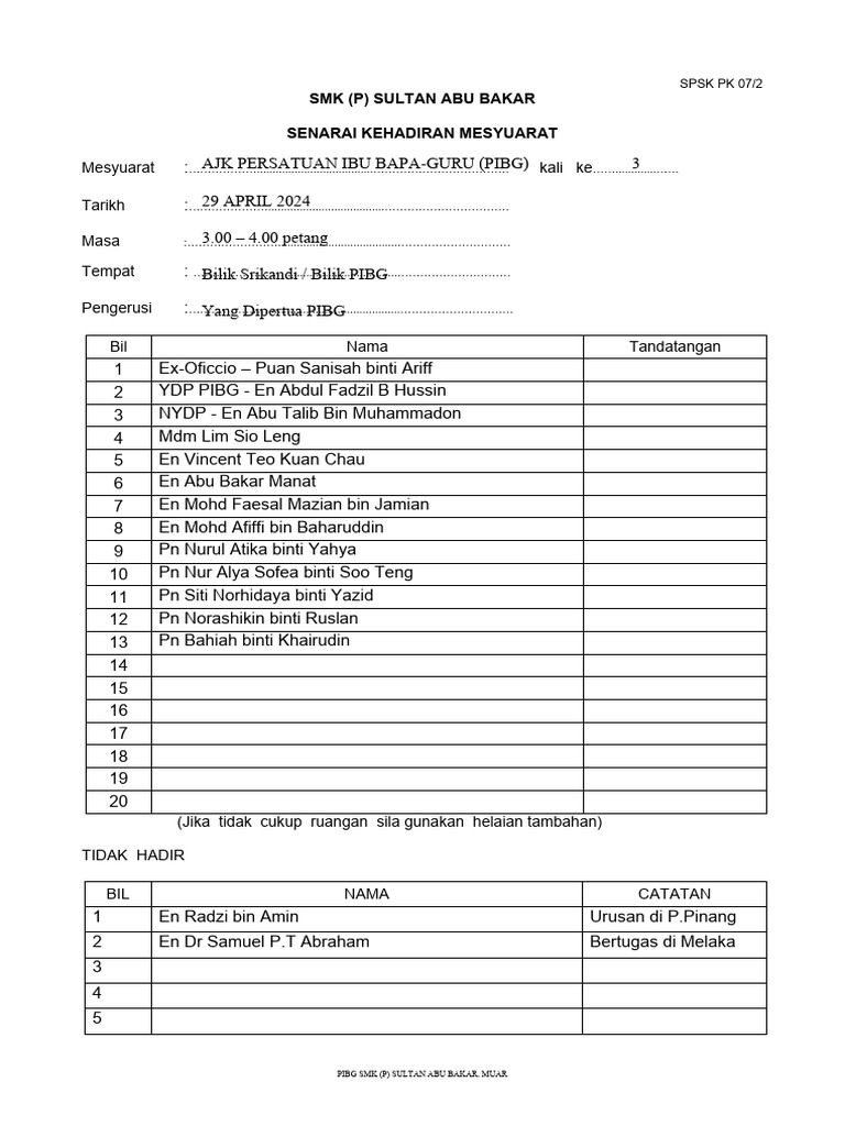 Borang PK 07 2 SENARAI KEHADIRAN MESYUARAT MAT PIBG | PDF