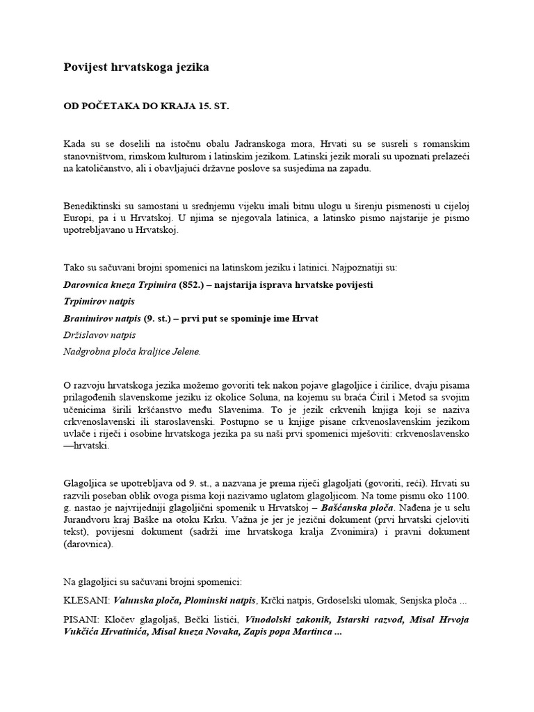 Povijest Hrvatskoga Jezika - Skripta | PDF