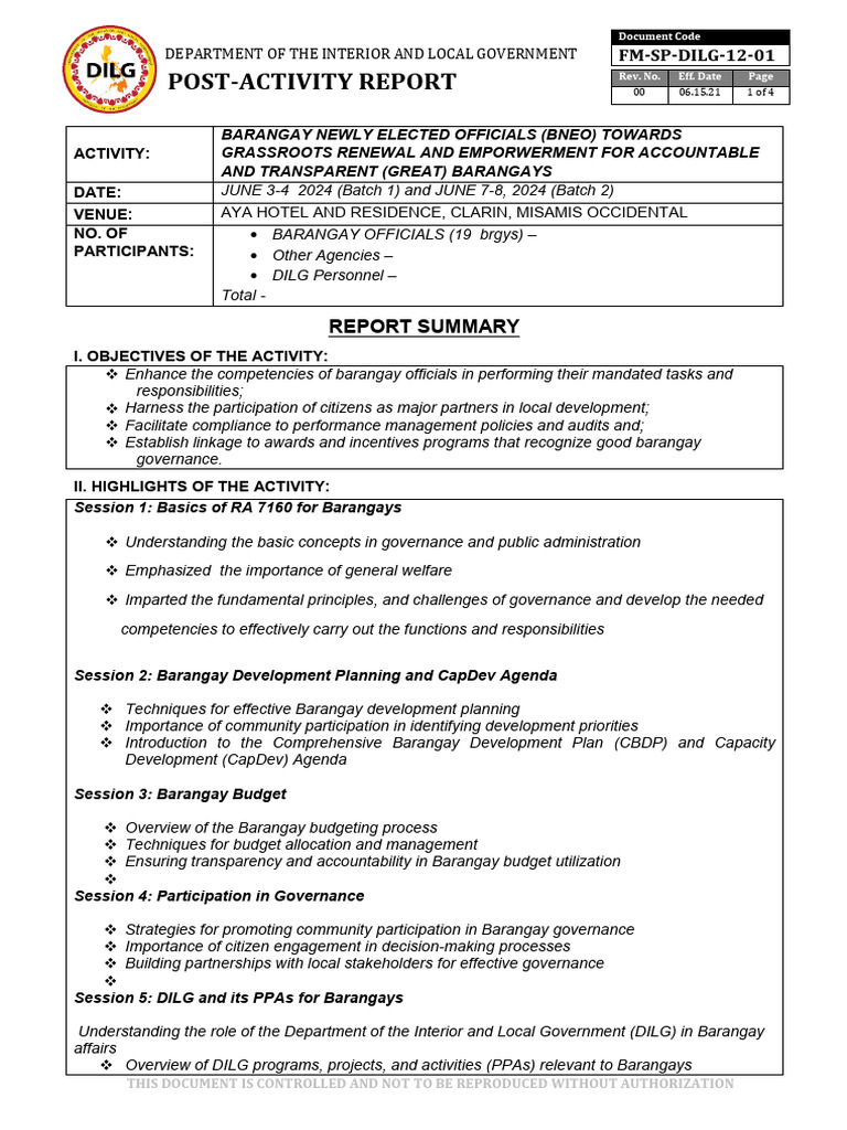 Calamba BNEO Post Activity Report | PDF | Governance | Evaluation