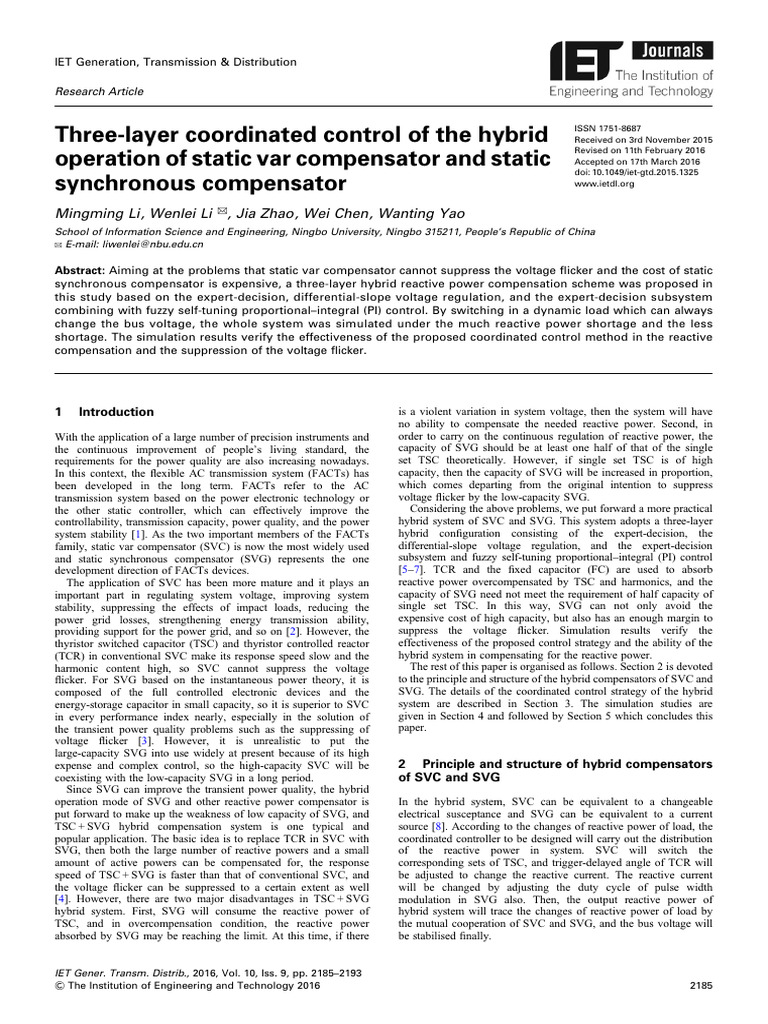 Three Layer Coordinated Control Of The Hybrid Operation Of Static Var Compensator And Static