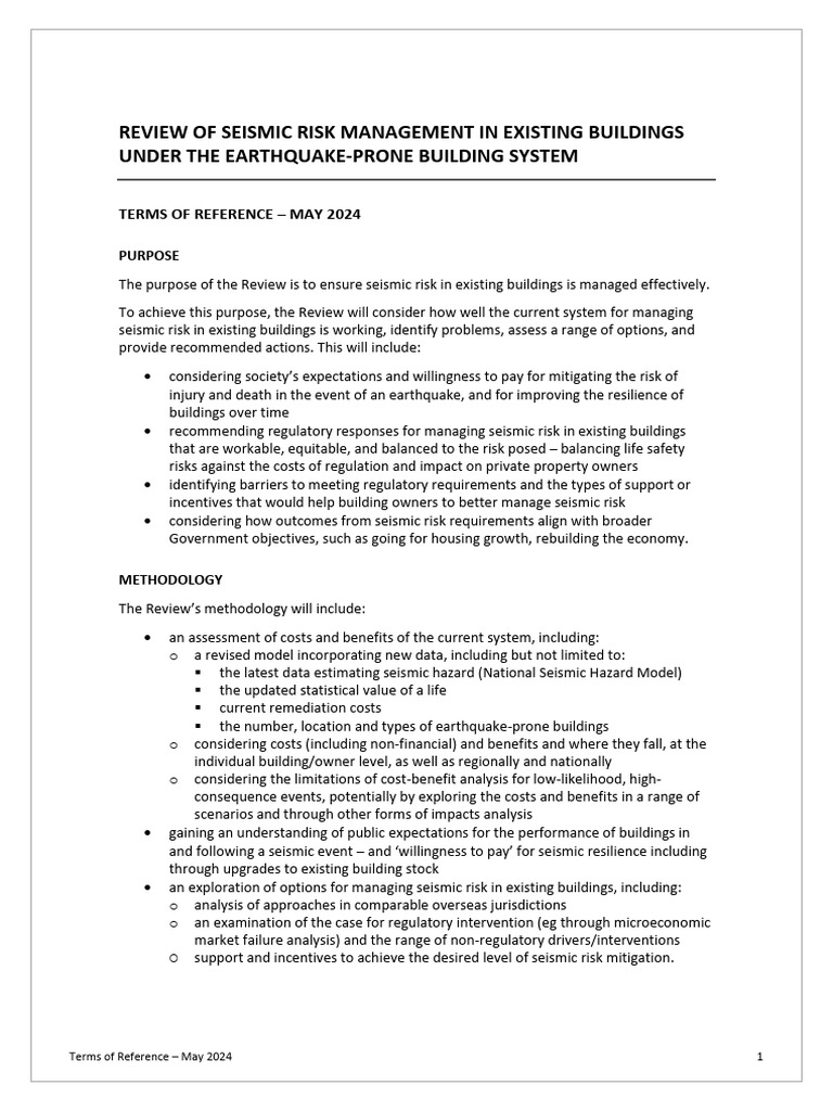 Annex One - Terms of Reference For The Review of Seismic Risk Management in Existing Buildings ...