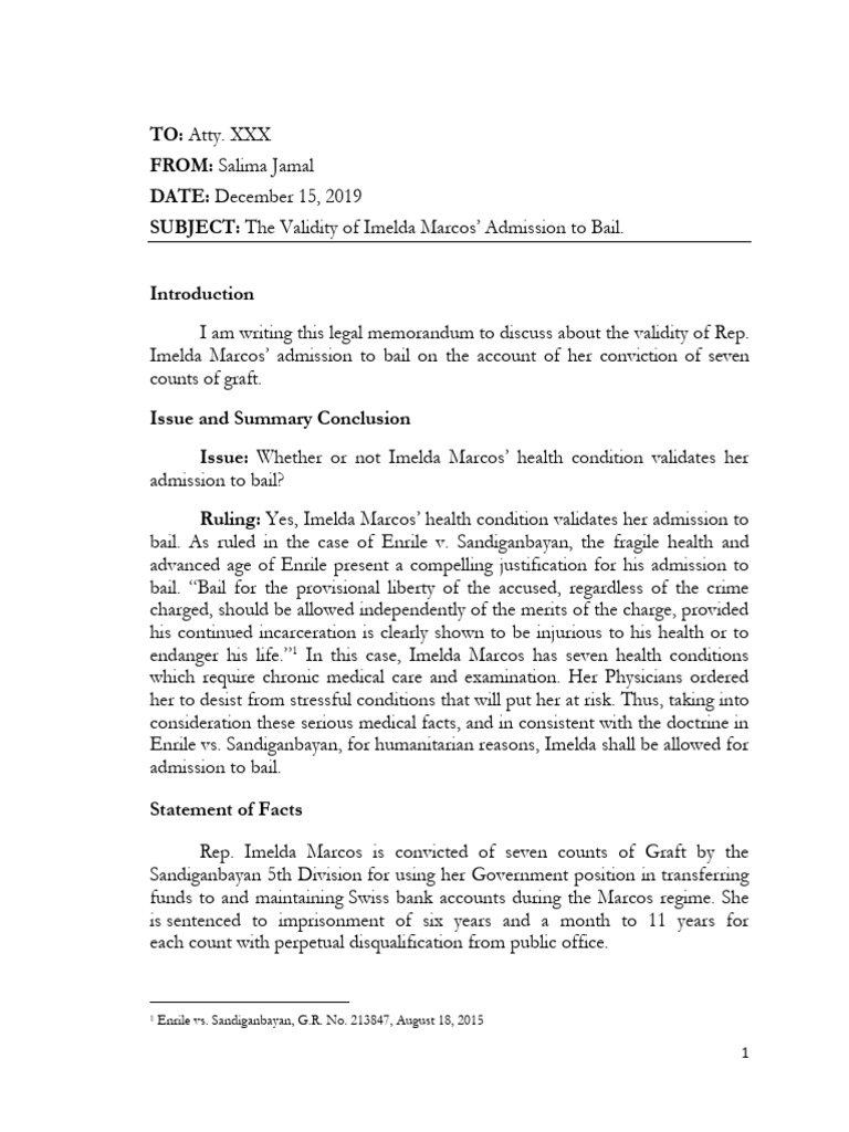 Sample Legal Memo - Jamal | PDF | Bail | Chronic Condition