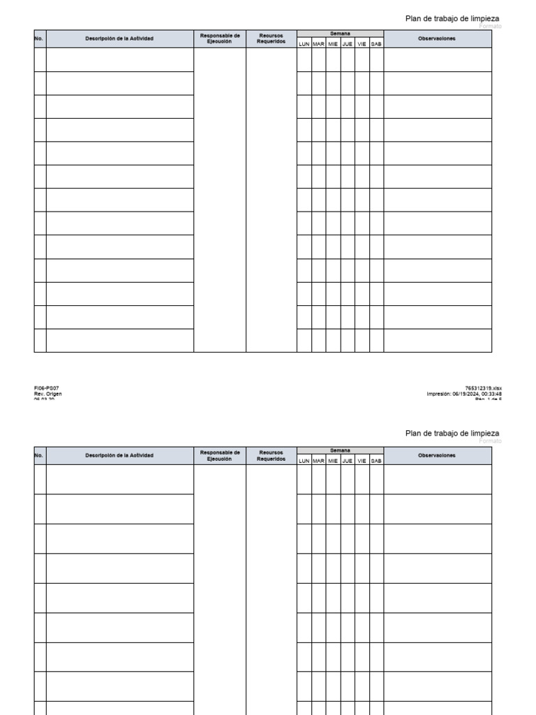 FI06-PS07 Plan de Trabajo de Limpieza | PDF