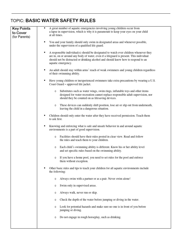 Basic Water Safety Rules | PDF | Swimming | Safety