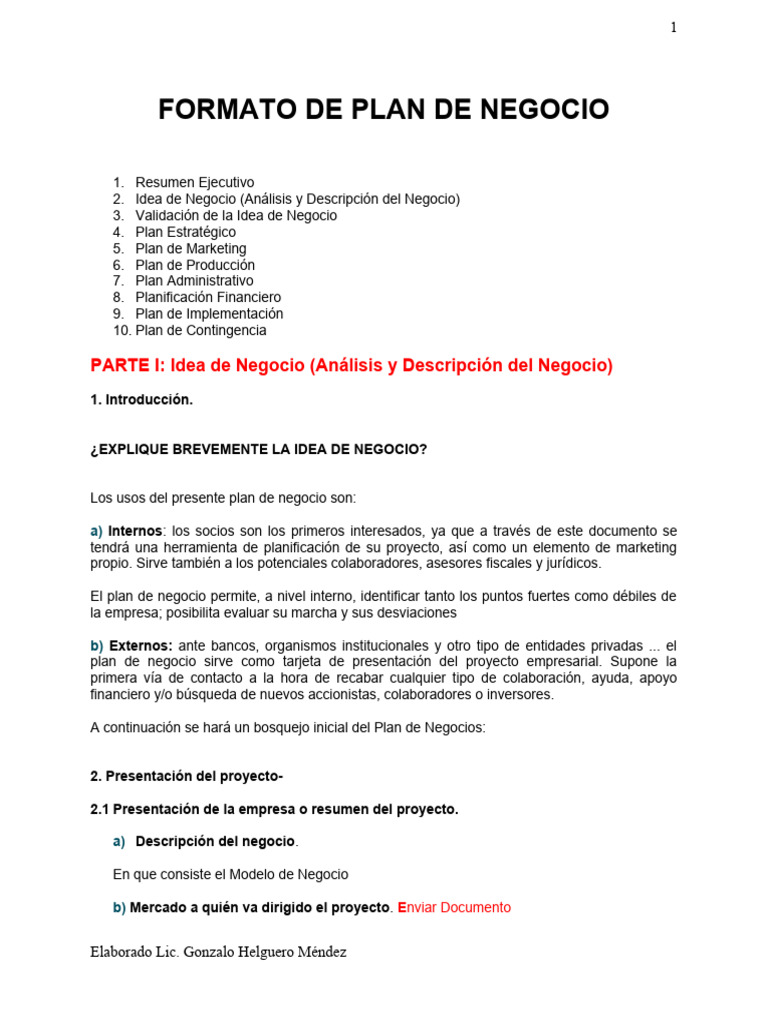 Plan de Negocio FORMATO | PDF | Plan de negocios | Business