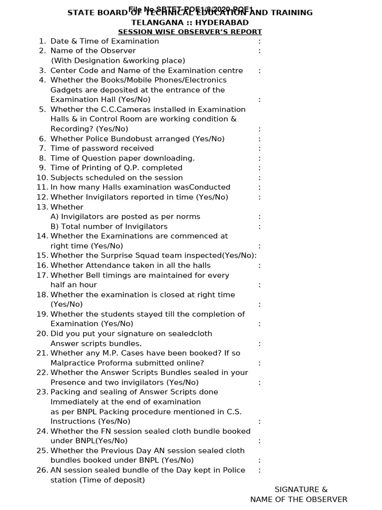 Telangana Exam Observer's Report Template | PDF