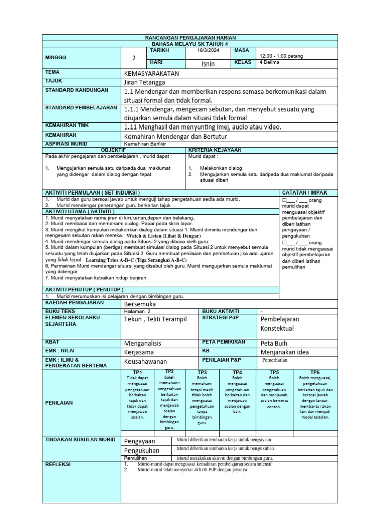 RPH Minggu 1 BM SK THN 4 2024 by Cikgu Gorgeous | PDF | Karier & Perkembangan