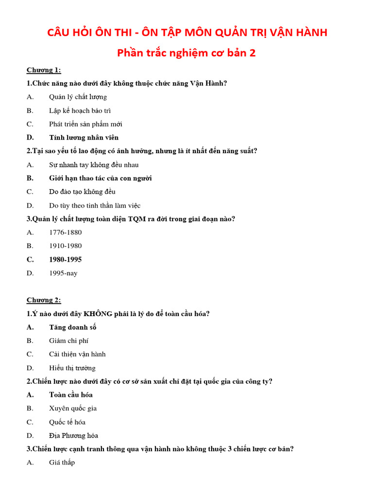 (123doc) Bai Tap Va Trac Nghiem Co Dap An Mon Quan Tri Van Hanh | PDF