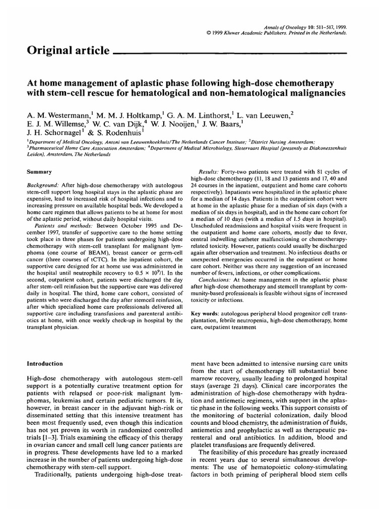 Ann Oncol. Original. at Home Managemente of Aplastic Phase Following High Dose CT | PDF ...