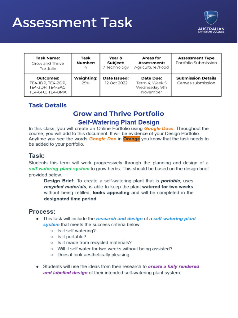 2022 - 7TECH & 7TECP - Grow & Thrive - Assessment Task | PDF ...