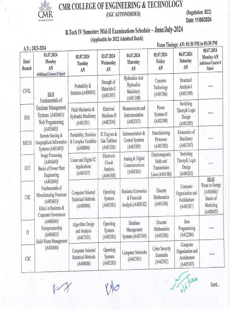 B.Tech IV Semester Mid-II Examinations Schedule July-2024 | PDF