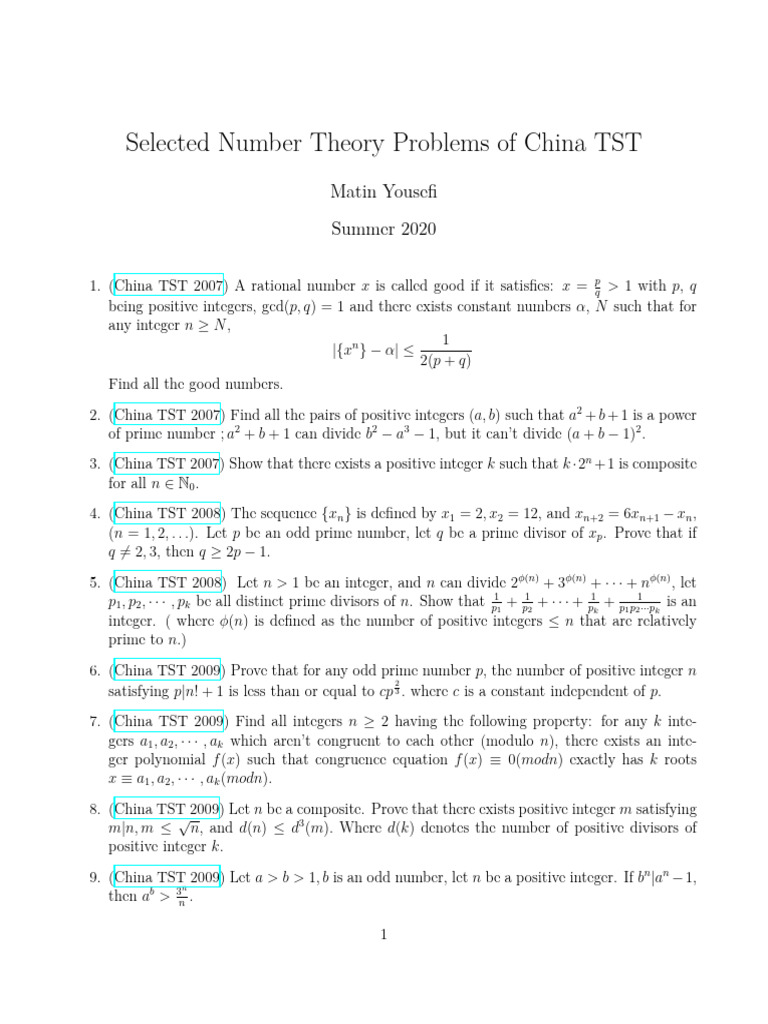 Selected Number Theory Problems From China TST | PDF | Integer | Prime Number