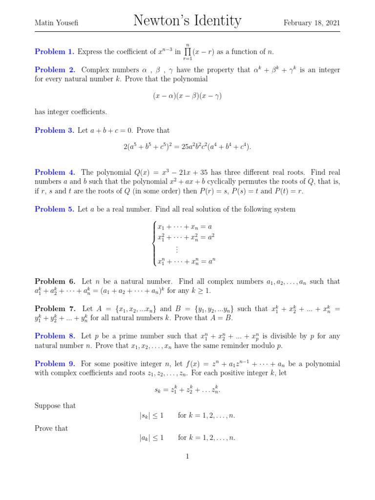 Newton's Identity | Download Free PDF | Numbers | Discrete Mathematics