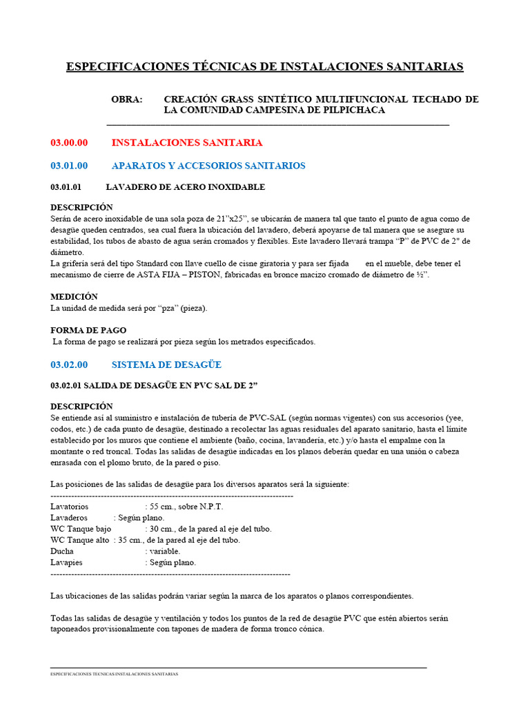 Especificaciones Técnicas de Instalaciones Sanitarias Pilpichaca | PDF | Hormigón | Tubería ...