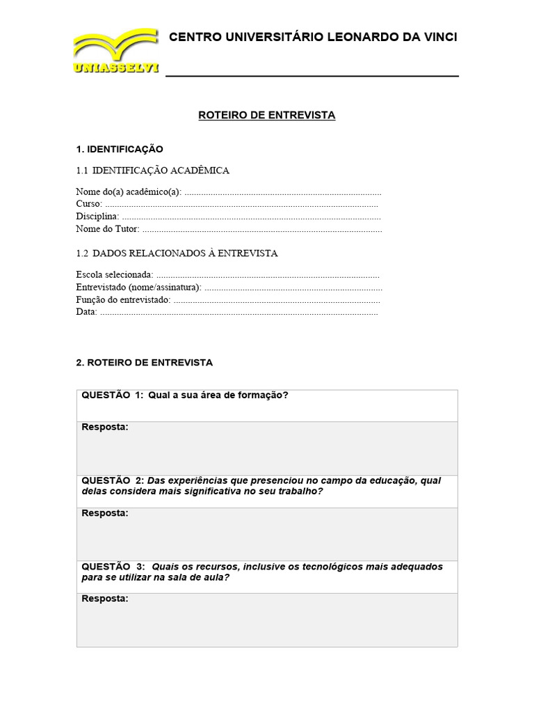 Modelo de Roteiro de Entrevista | PDF Modelo de Roteiro de Entrevista | PDF