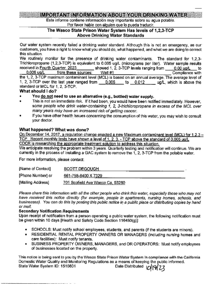 Wasco State Prison Drinking Water Notice | PDF