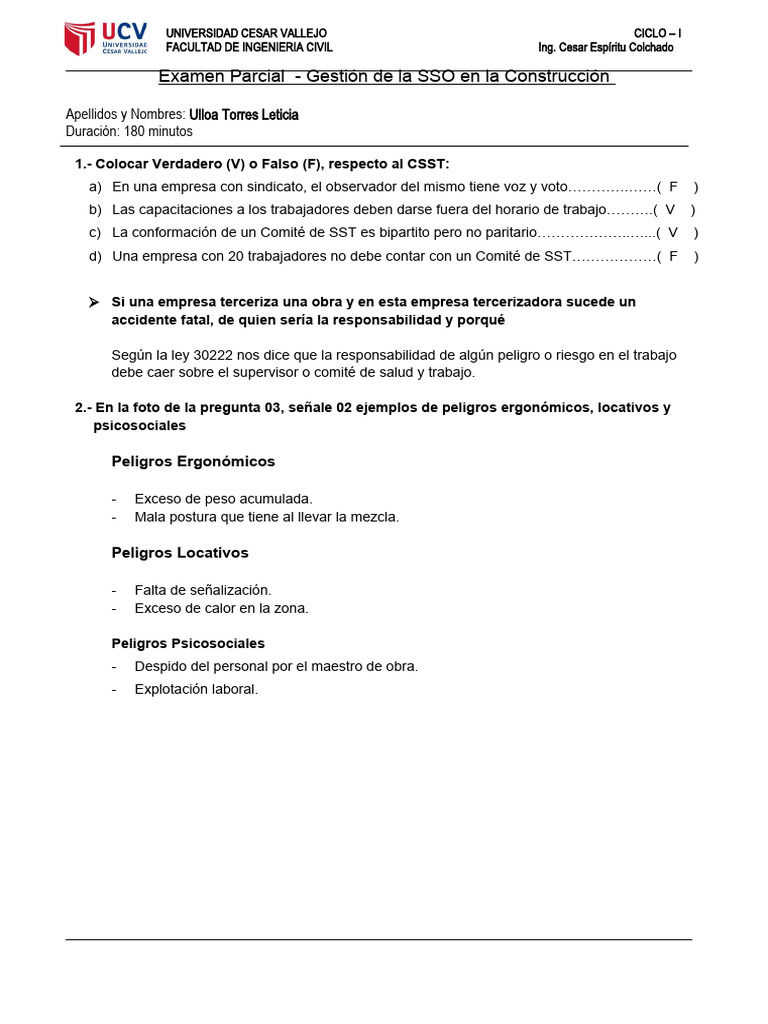 Exam. Gest. Seguridad - Turno Noche | PDF | Dolor lumbar