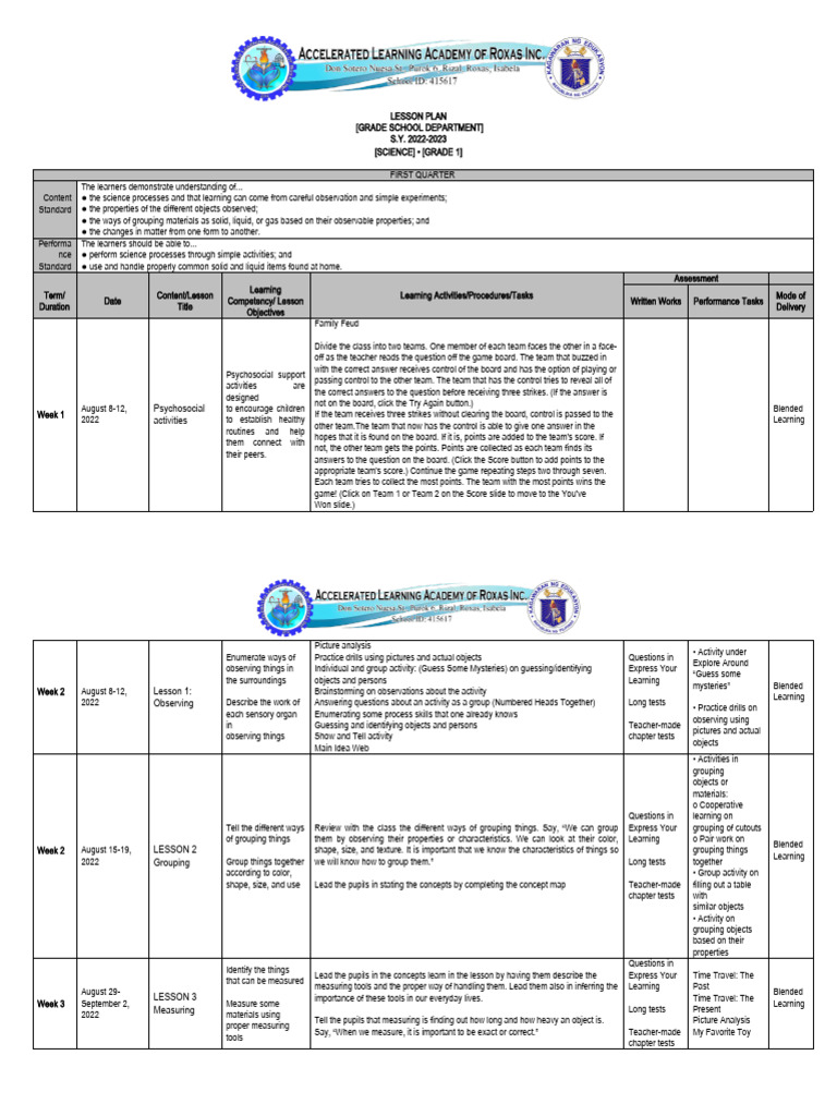 Grade 1 Science Lesson Plan 2022-2023 | PDF | Matter | Learning