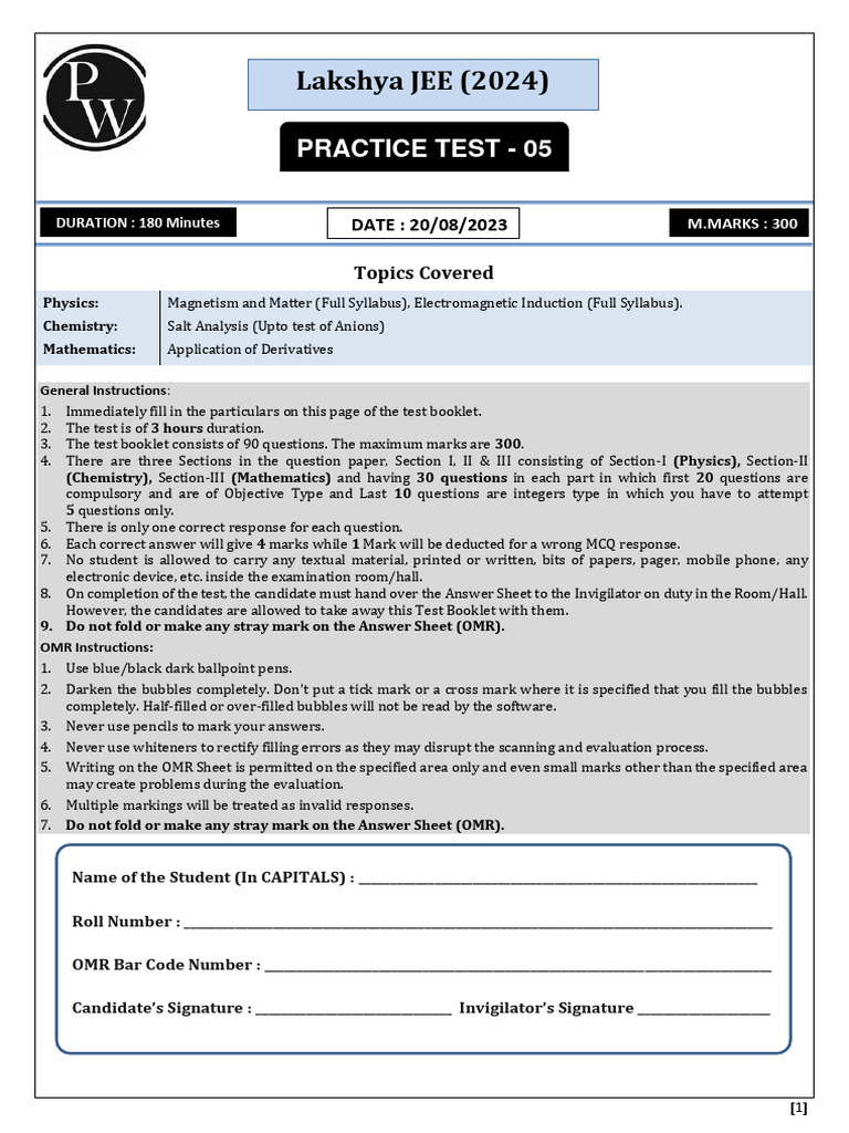 Practice Test 05 - Test Paper (PCM) - Lakshya JEE 2024 | PDF ...