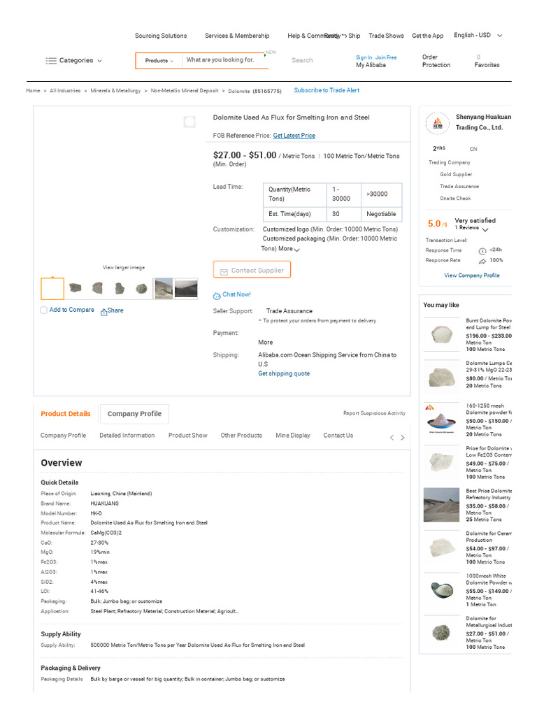Dolomite for Iron and Steel Smelting | PDF | Iron | Refractory