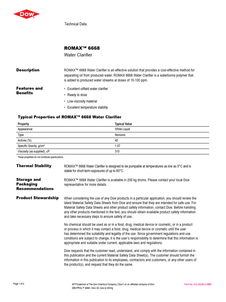 DOW - 6668-Water-Clarifier | PDF | Water | Viscosity