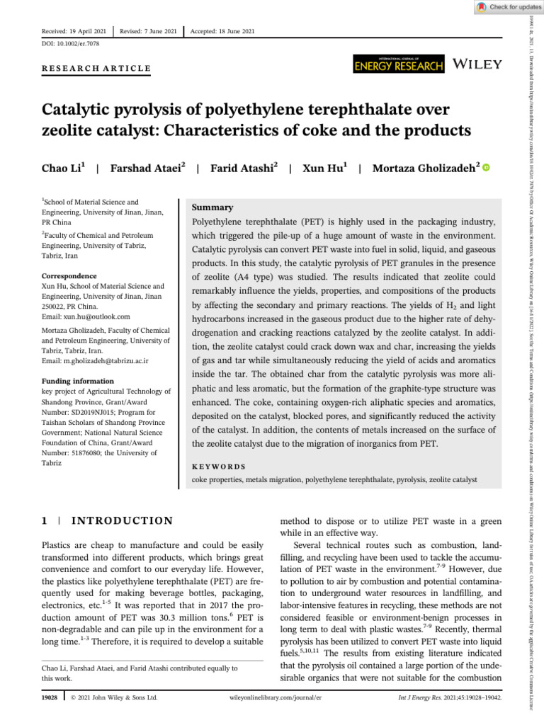 Intl J of Energy Research - 2021 - Li - Catalytic Pyrolysis of Polyethylene Terephthalate Over ...