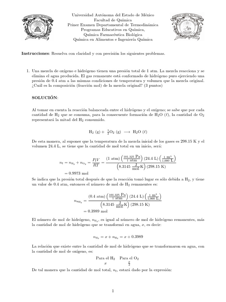 Primer Examen Parcial Termodin Mica Soluci N | PDF | Gases | Mole (Unidad)