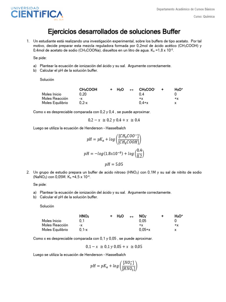 Ejercicios Desarrollados de Soluciones Buffer - Química - 2024 - 1 | PDF | Solución tampón ...