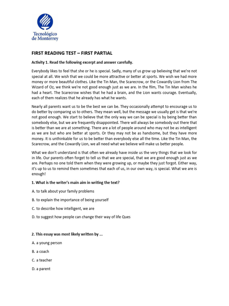 1st Partial - Reading Exam | PDF | Tin Woodman | Scarecrow (Oz)