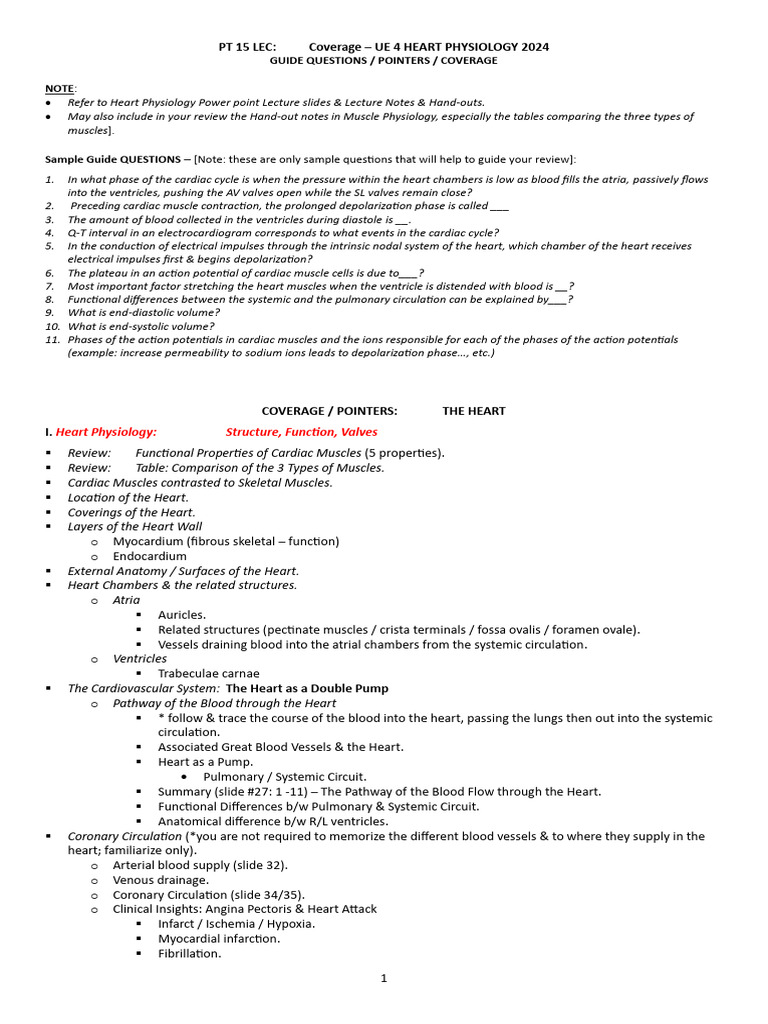 05 PT15 UE4 Heart Physio Coverage and Pointers 2024 | PDF | Heart | Cardiac Muscle