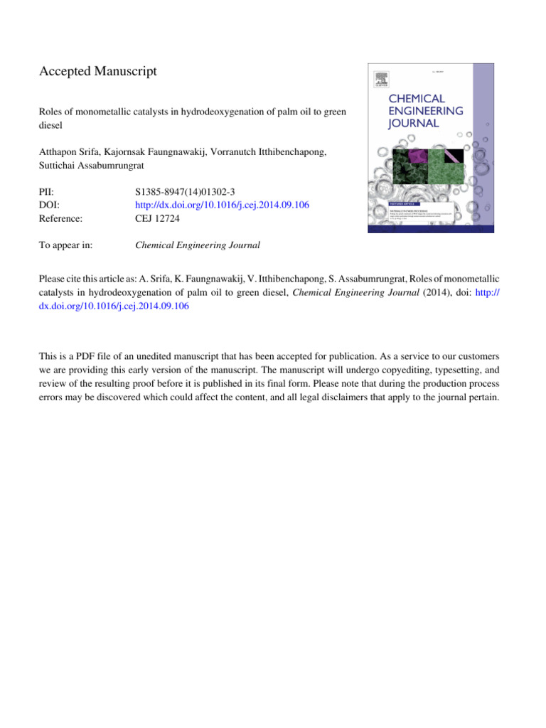PP01 Roles of Monometallic Catalysts in Hydrodeoxygenation of Palm Oil Green Diesel | PDF ...