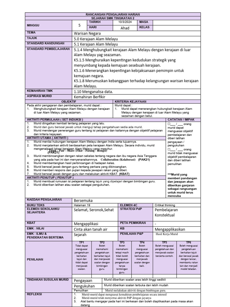 RPH SMK Minggu 5 Sejarah | PDF | Karier & Perkembangan