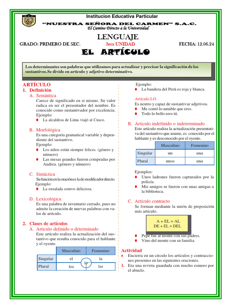 3era UNID. El-Artículo 12.06.24 | PDF | Género gramatical | Sustantivo