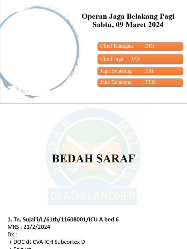 Operan Jaga Belakang Pagi, Sabtu 9 Maret 2024 | PDF | Medical Specialties | Clinical Medicine