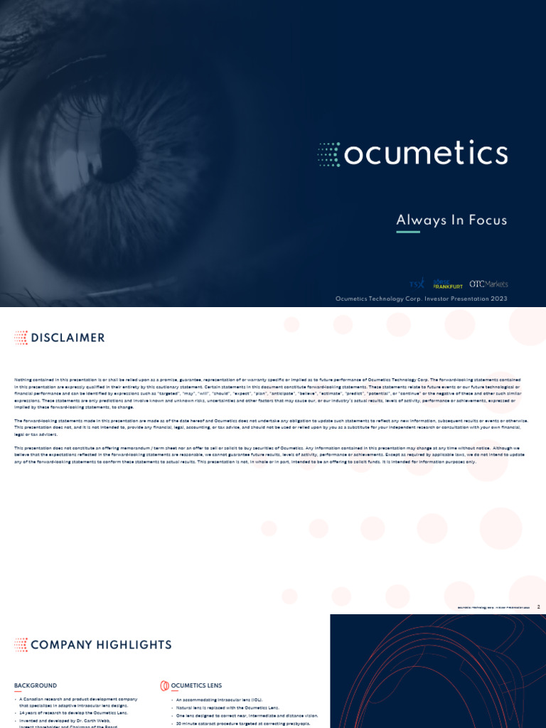Ocumetics Investor Presentation 2023 | PDF | Human Eye | Ophthalmology