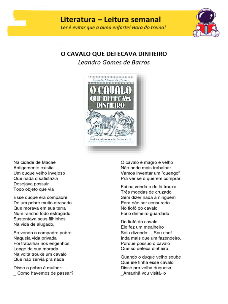 O Cavalo Que Defecava Dinheiro - Leandro de Gomes Barros | PDF | Dinheiro | Cavalos