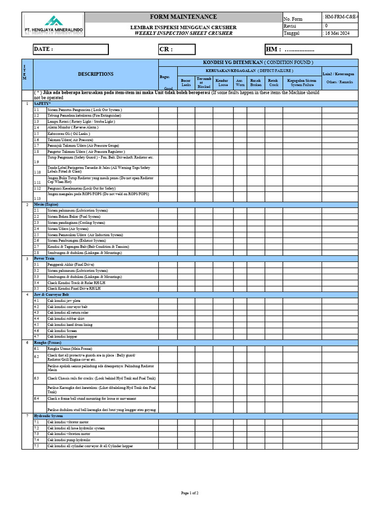 HM-FRM-C&E-019(00)-Weekly Inspection Sheet Crusher | Download Free PDF | Mechanical Engineering ...