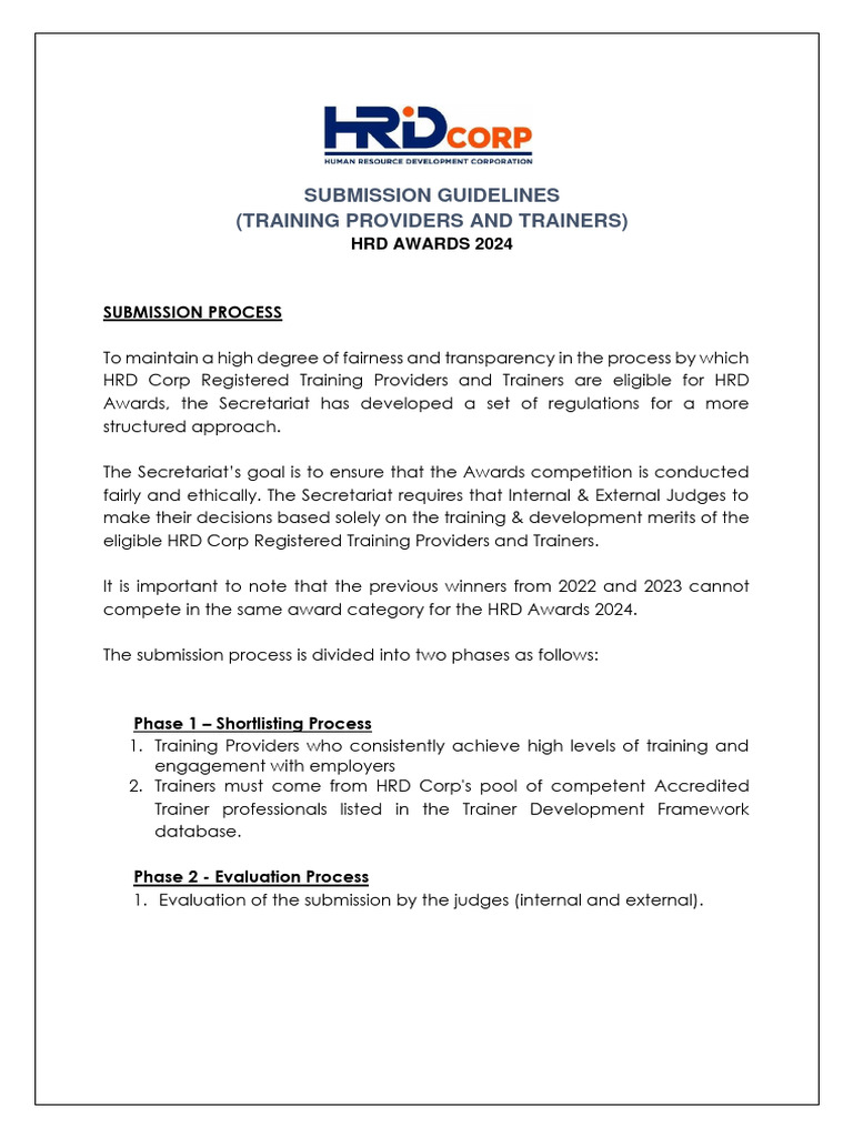 HRD Awards 2024 - Submission Guidelines - Training Providers Trainers ...